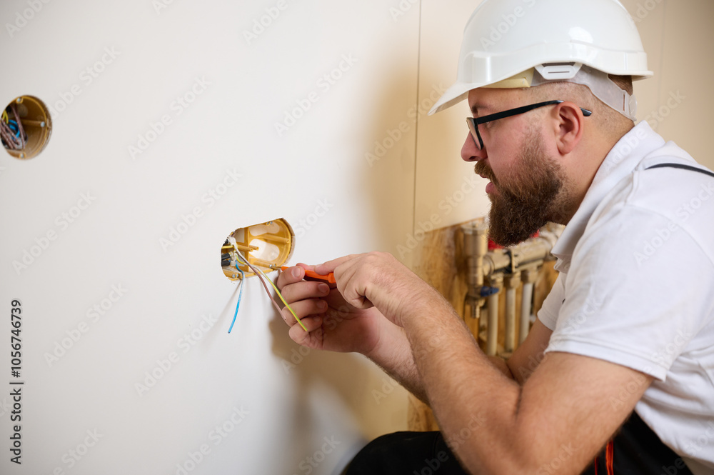 Builder installing electric socket in new apartment. Installing ...