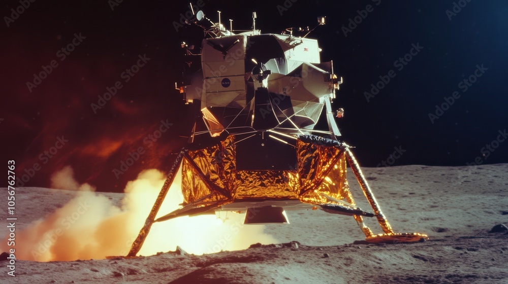 The moment of a lunar module taking off from the Moon, with dust Stock ...
