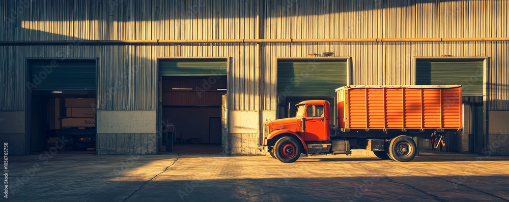vintage orange truck parked outside rustic warehouse, showcasing its ...