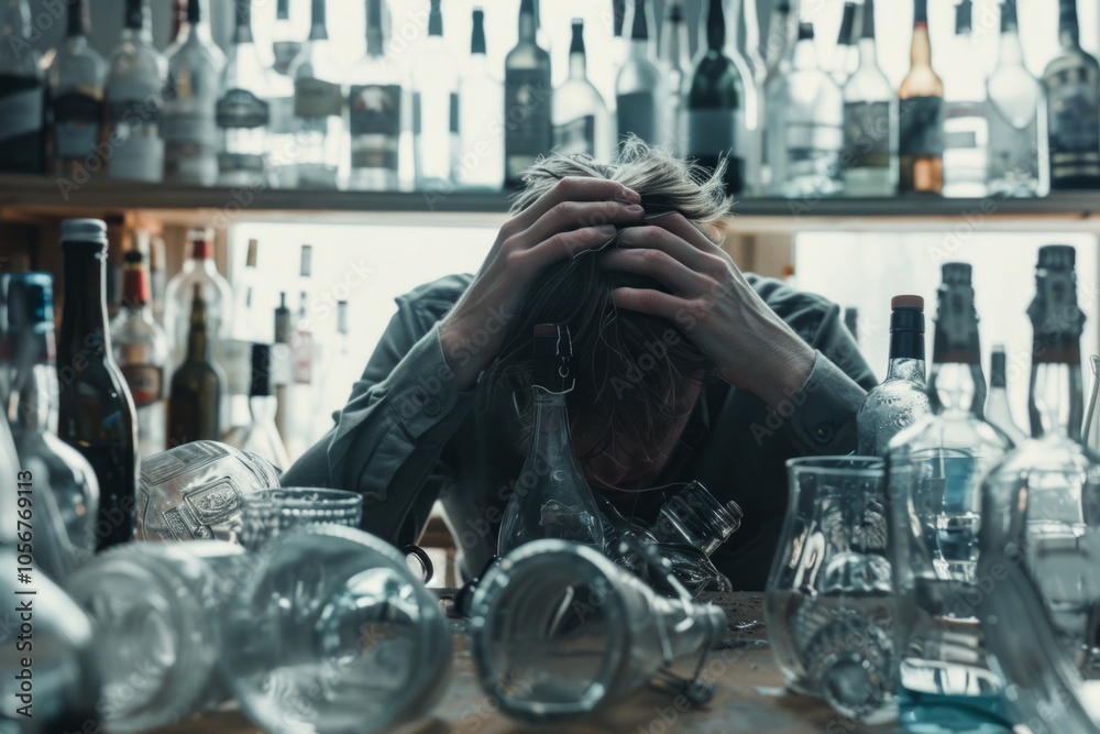 A person amidst overturned glasses and bottles. The defeated posture ...