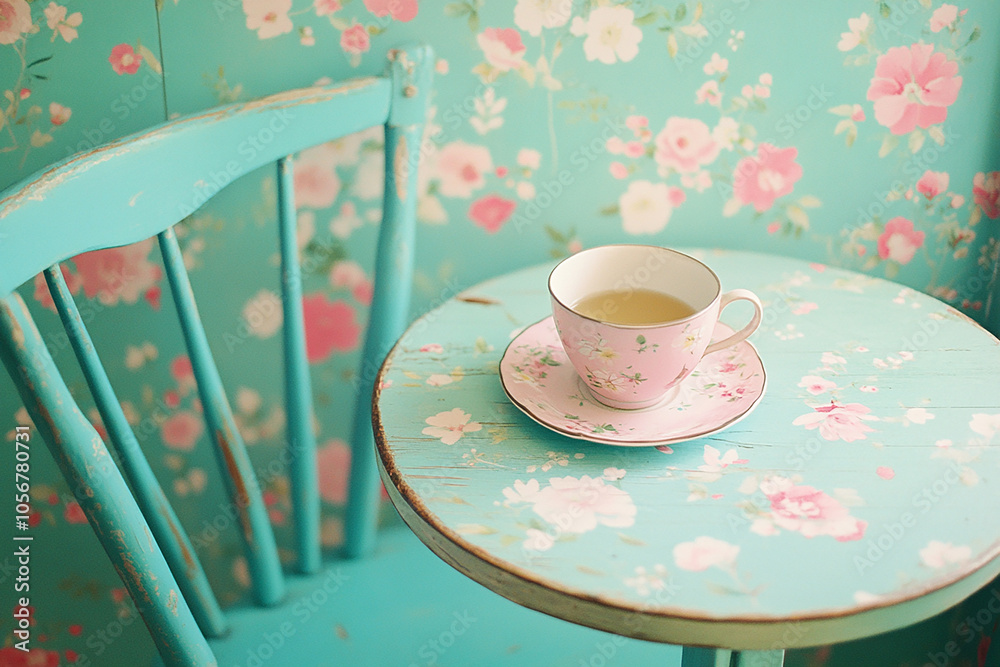 Minimalist tiny vintage floral wallpaper behind the wall of table ...