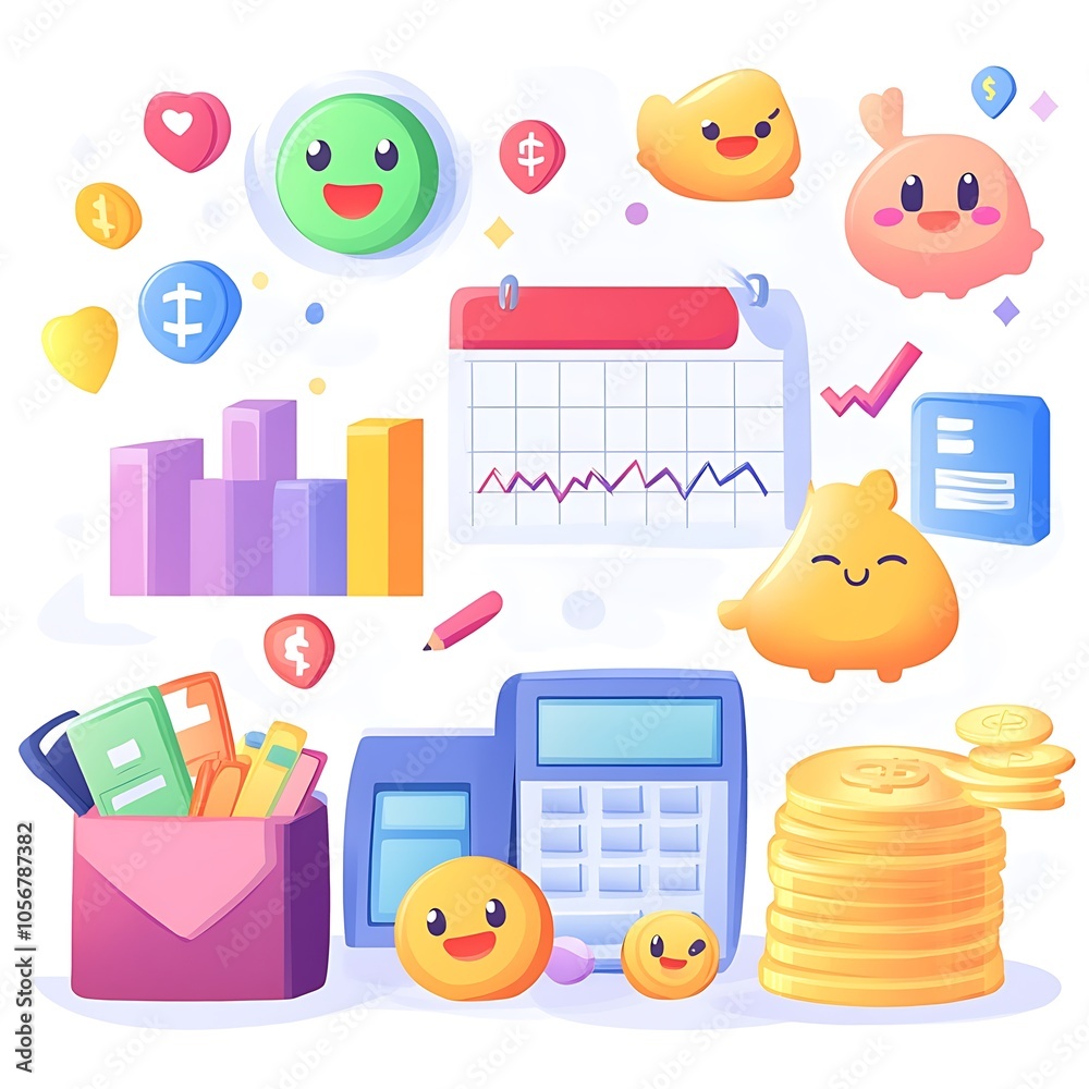 Cartoon chart showing monthly expenses with emojis for categories on a ...