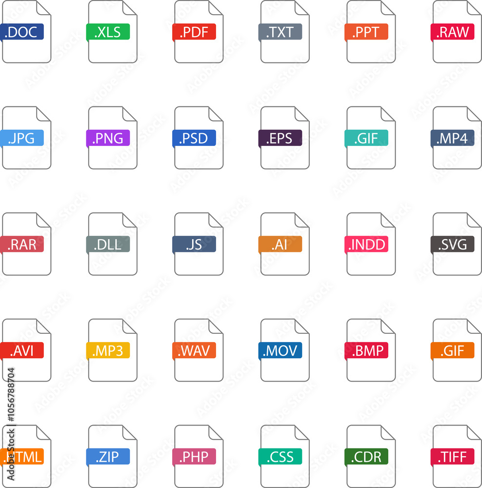 List of Document File Types and Extensions. Set of pdf, doc, jpg, xls ...
