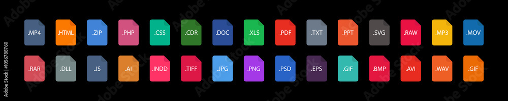 List of Document File Types and Extensions. Set of pdf, doc, jpg, xls ...