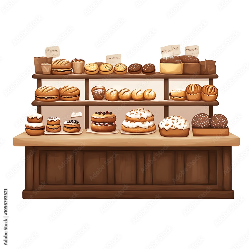 Cartoon bakery shop counter with breads and cakes on a white background ...