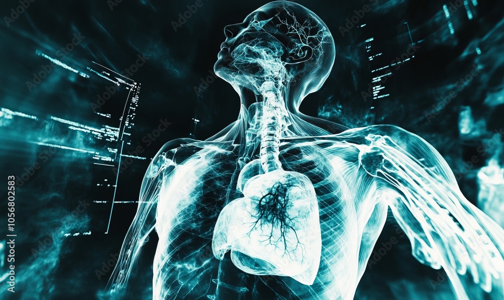 A cyber core themed Xray image of a healthy male chest, highlighting ...