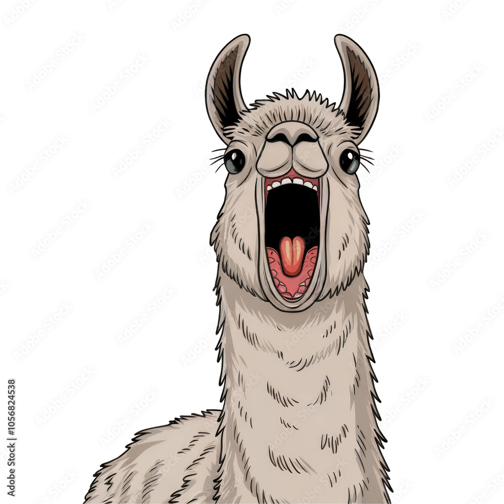Humorous illustration of a llama with its mouth wide open, appearing to ...