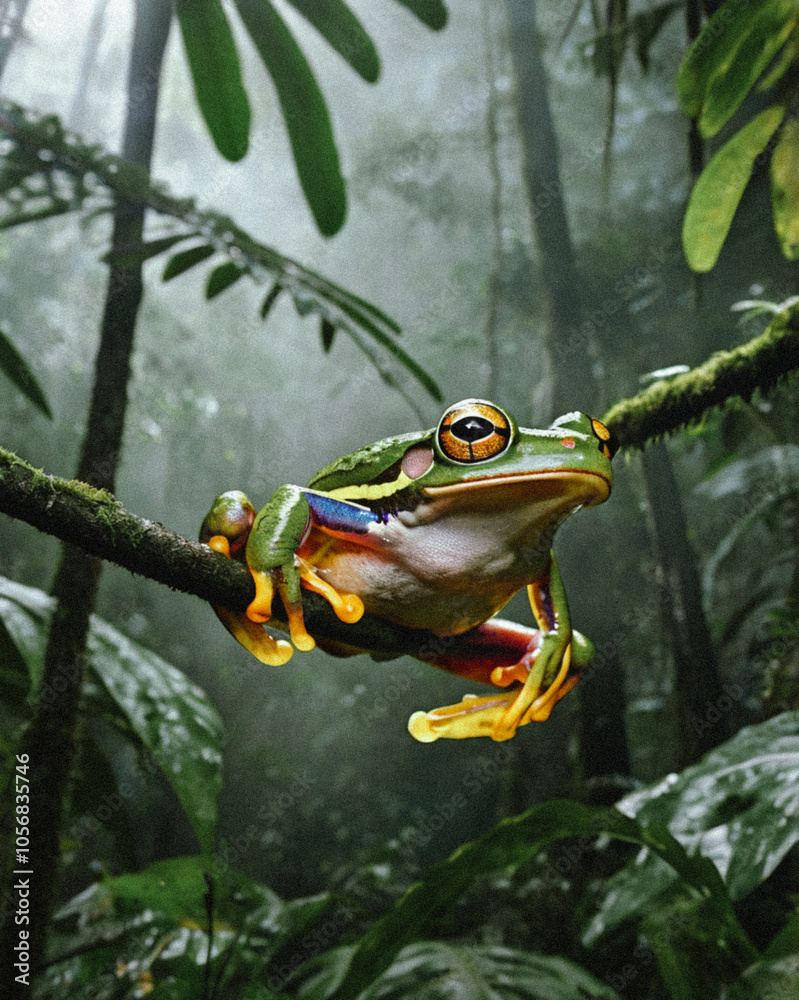 Wallace’s flying frog soars between trees in Borneo's lush rainforest ...