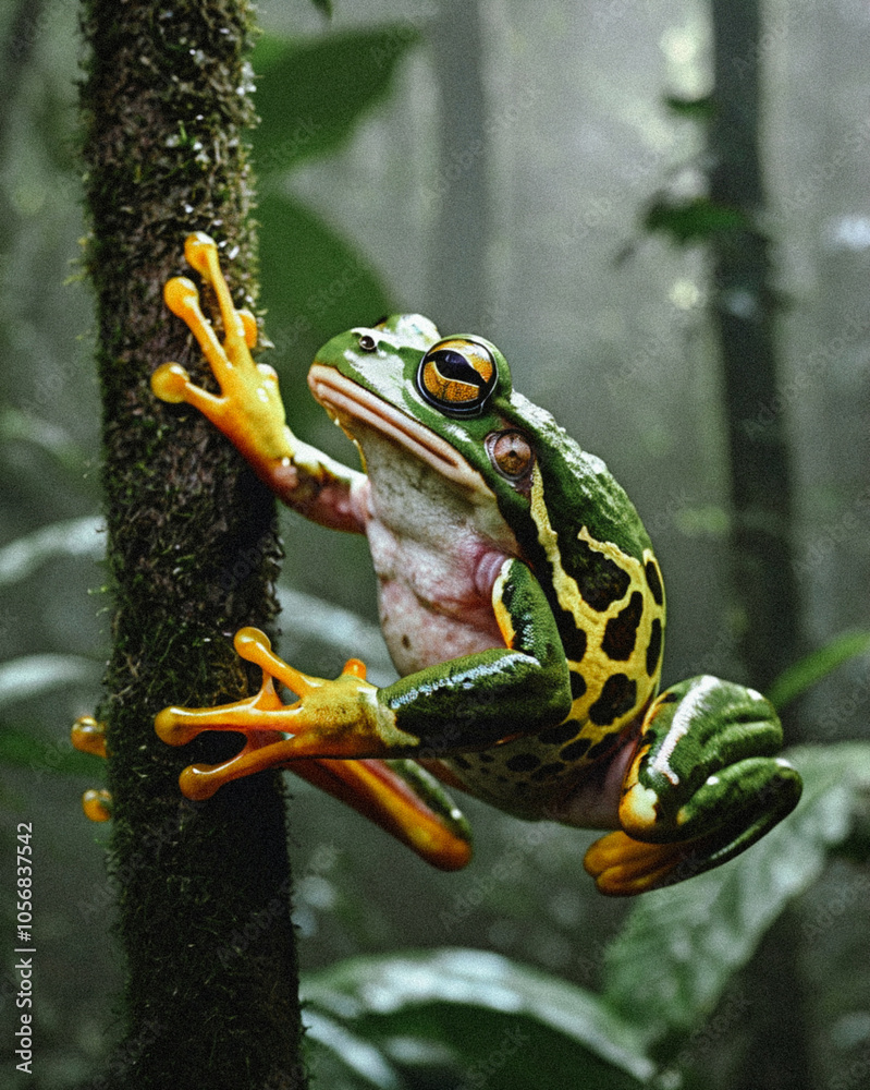 Wallace’s flying frog soars between trees in Borneo's lush rainforest ...