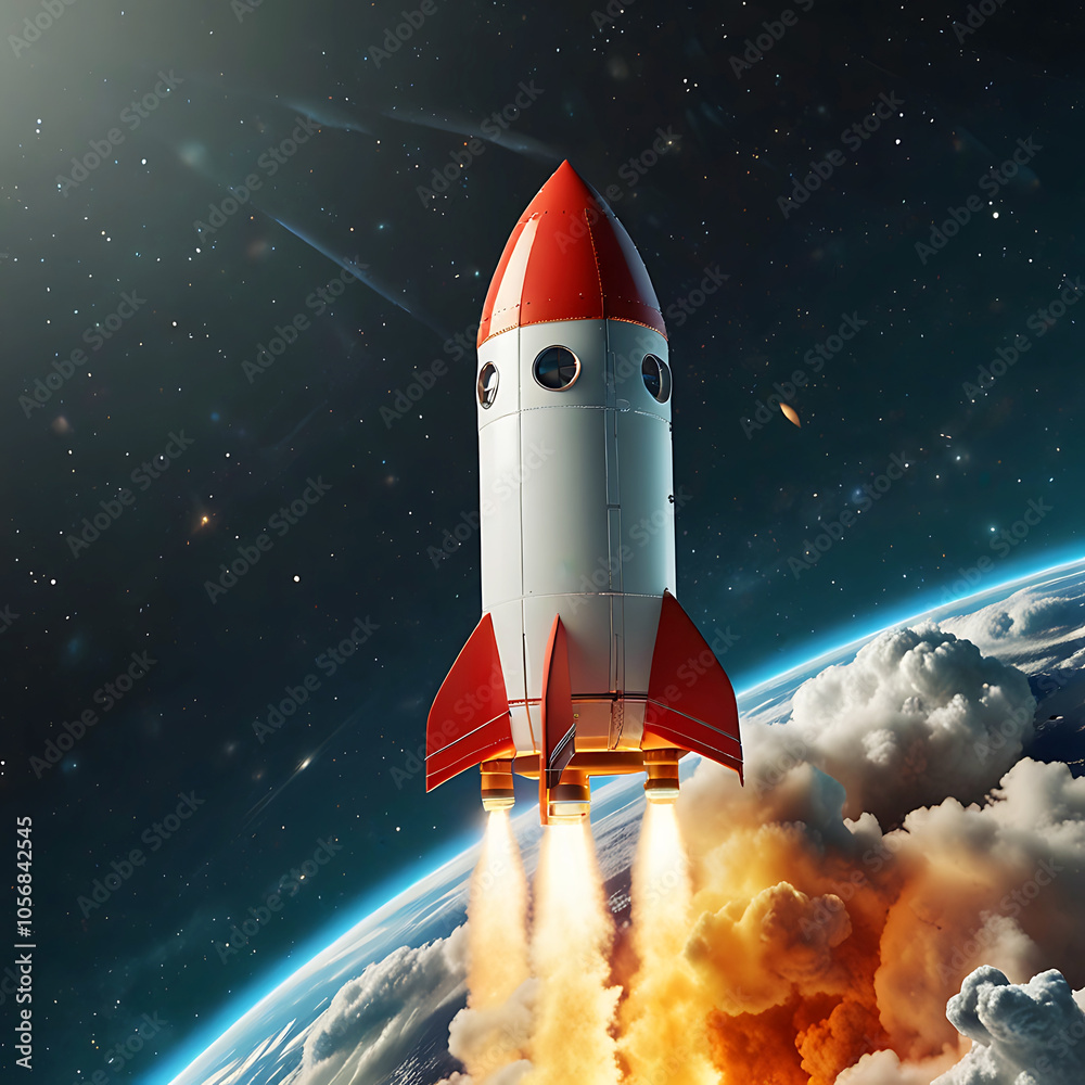 3D rocket in space, a rocket takes off into a sky leaving a fiery trail ...