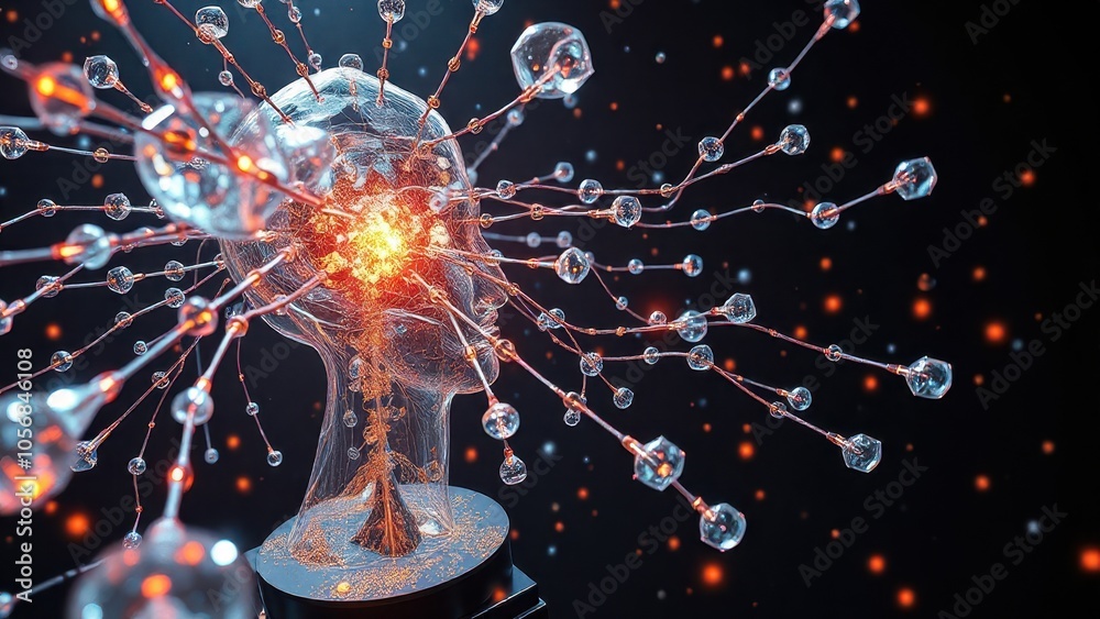 Abstract and technical visualization of natural language processing systems featuring data flows ...