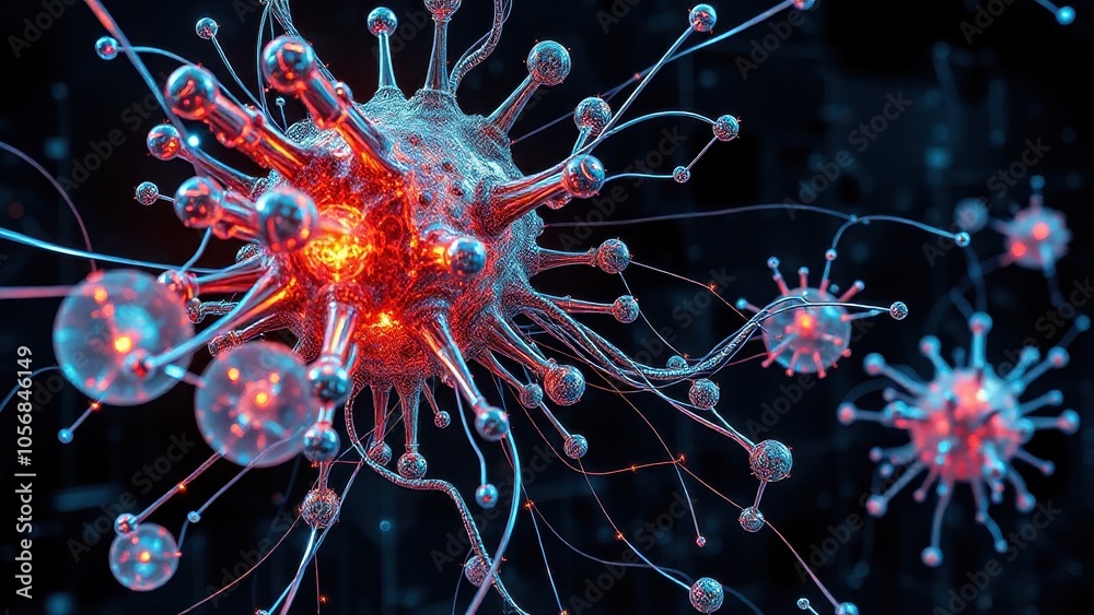 Abstract and technical visualization of natural language processing systems featuring data flows ...