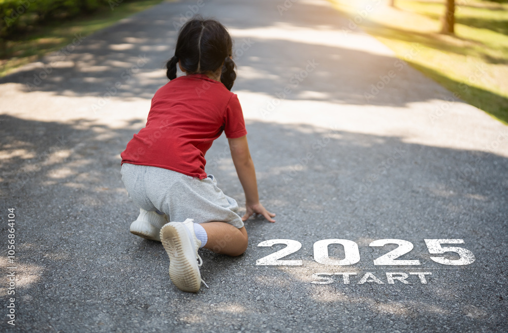 Sport girl kid runner foot shoe start into the new year 2025. Start up ...