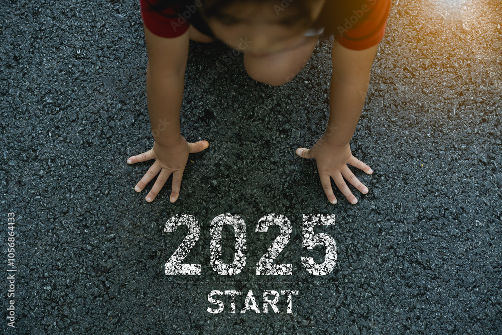 Top view. Sport girl kid runner foot shoe start into the new year 2025 ...