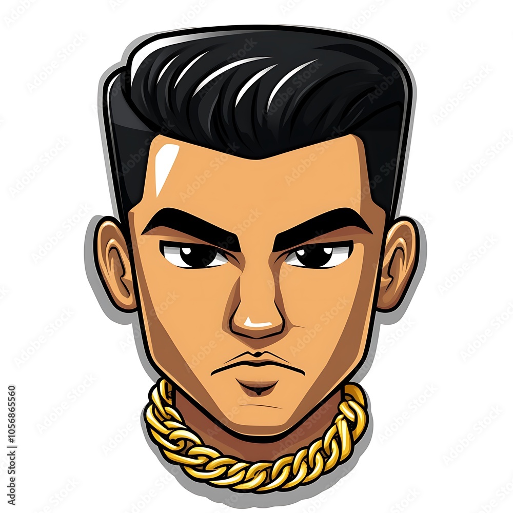 Cartoon face of a man with slicked-back hair and a gold chain on a ...