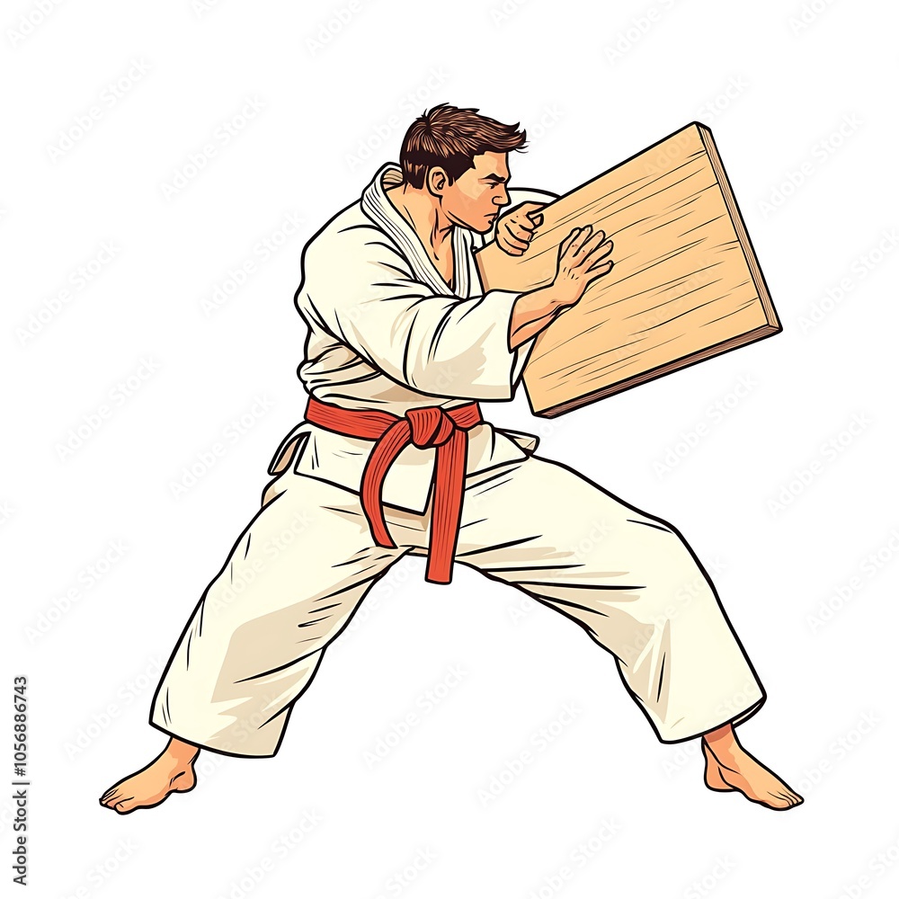 Cartoon martial artist in a karate uniform breaking a board on a white ...