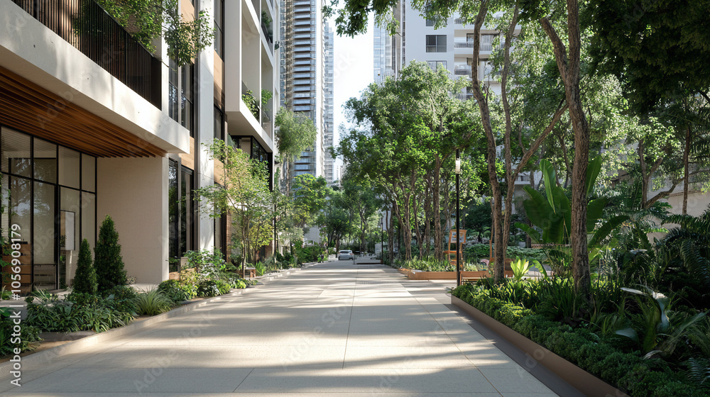 Espacio comunal verde en área urbana con árboles y vegetación junto a ...