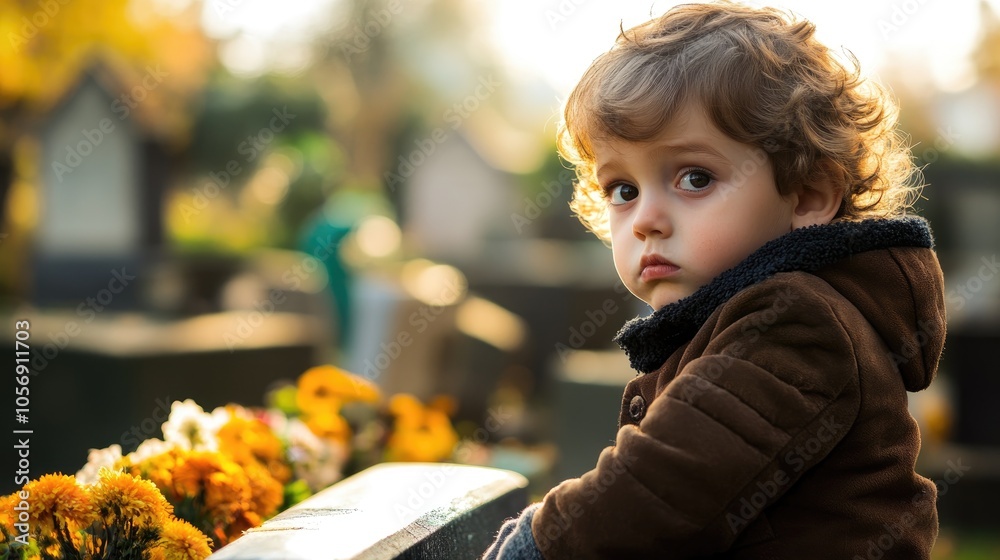 Sad child at a funeral in a graveyard Coffin present for memorial ...