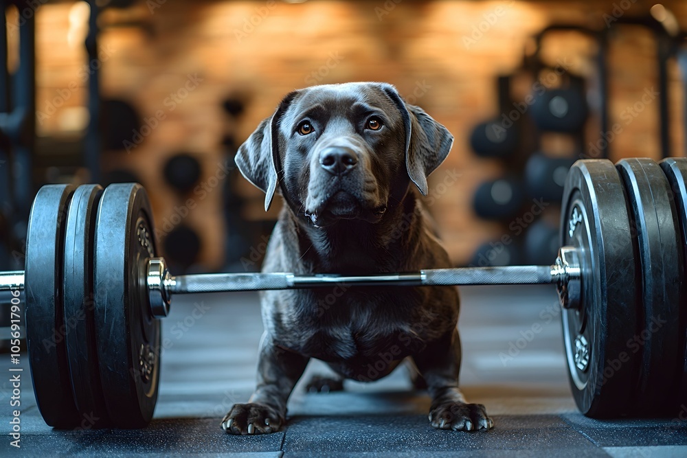 Dog lifting weights in a gym setting during workout session Stock Photo ...