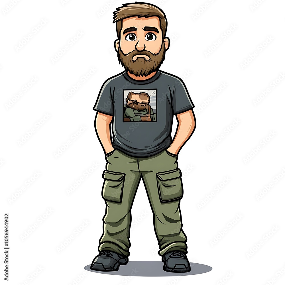 Cartoon guy looking skeptical in a graphic tee and cargo pants on a ...