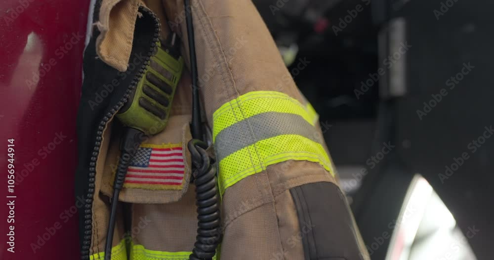 Fireman jacket known as bunker or turnout safety gear hanging on ...