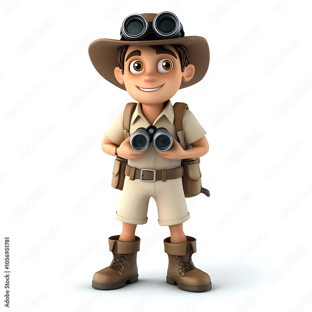 Cartoon explorer with a safari hat and binoculars on a white background ...