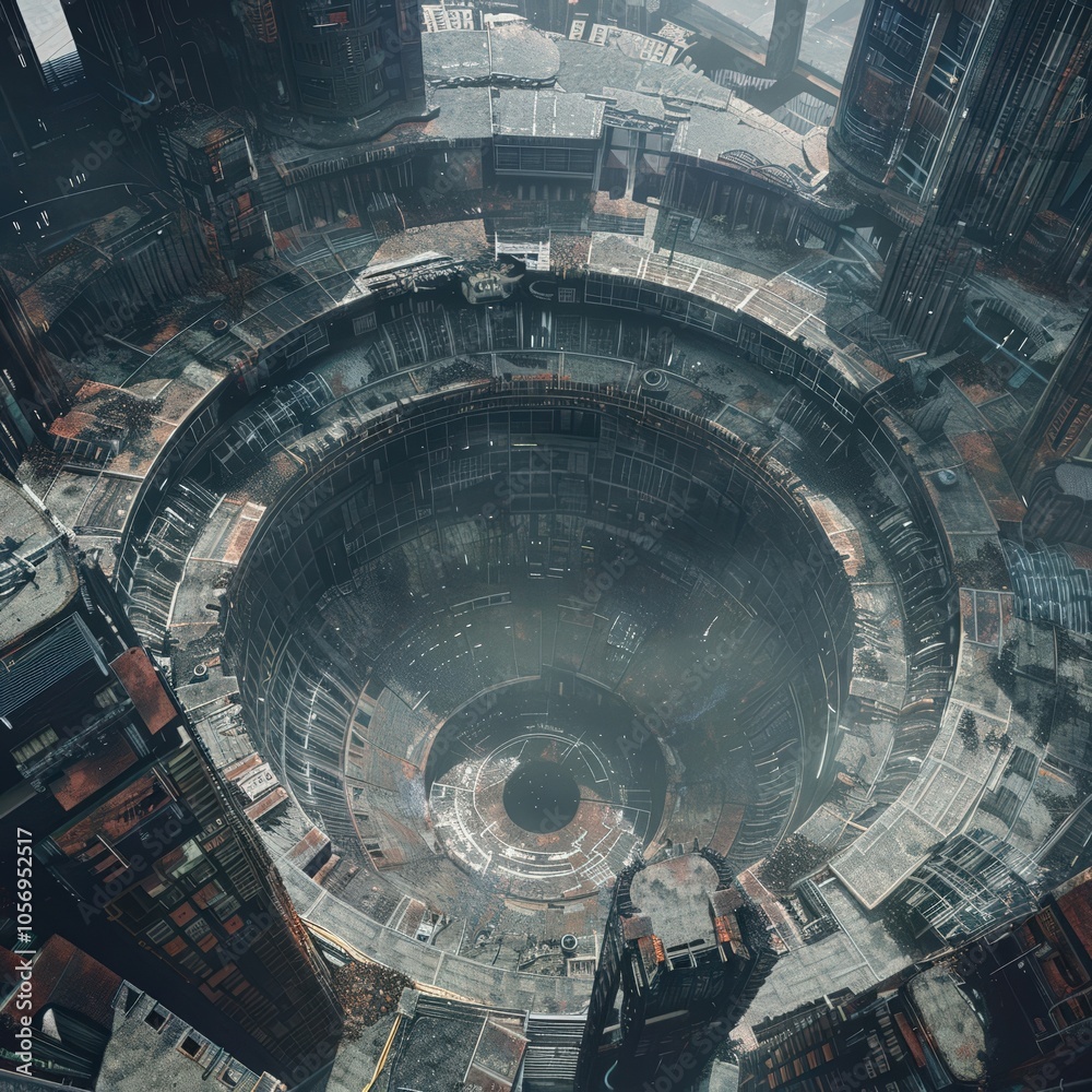 Craft a visually striking image of a dystopian setting filled with ...
