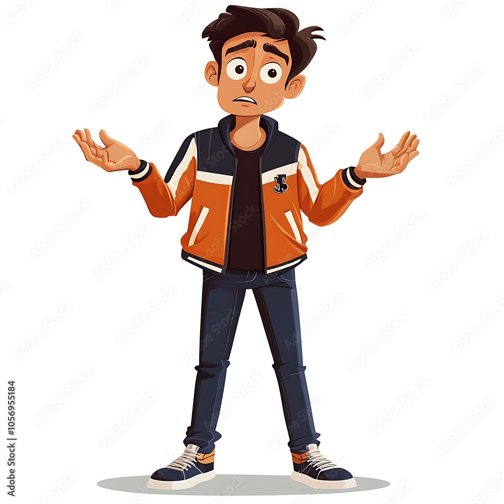 Cartoon guy looking confused in a varsity jacket and sneakers on a ...