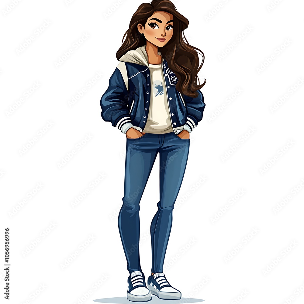 Cartoon girl with a confident look in a varsity jacket and jeans on a ...