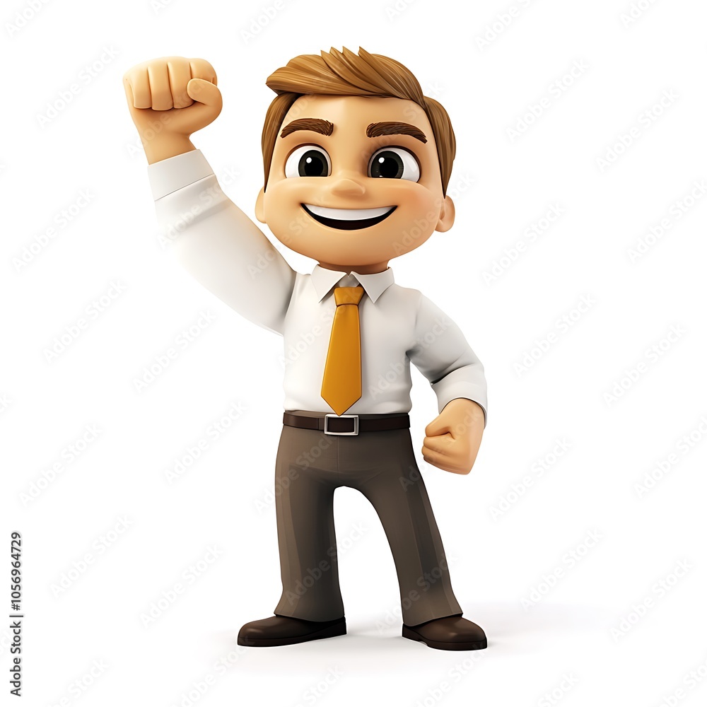 Cartoon employee raising a fist in triumph, celebrating success on a ...