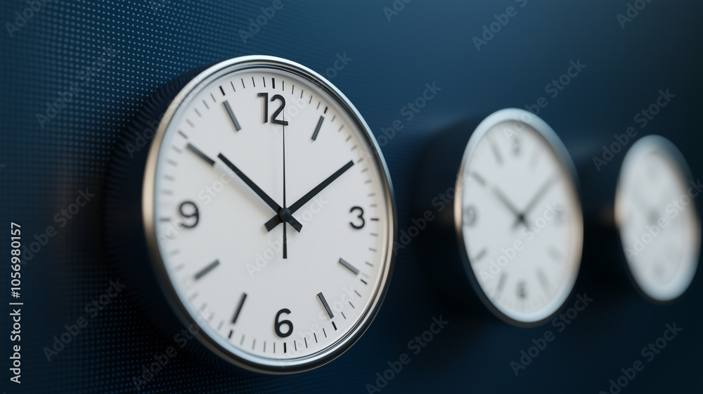 three clocks on office wall with blue digital background, concept of ...
