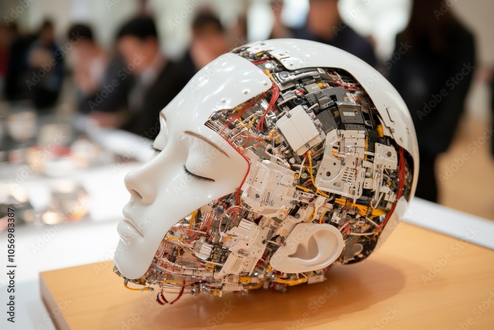 The image shows an artistic depiction of a robot head with intricate ...