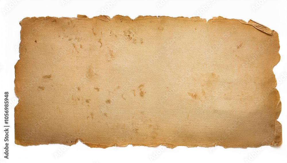 Sheet of old yellowed paper with inclusions, blemishes and uneven torn ...