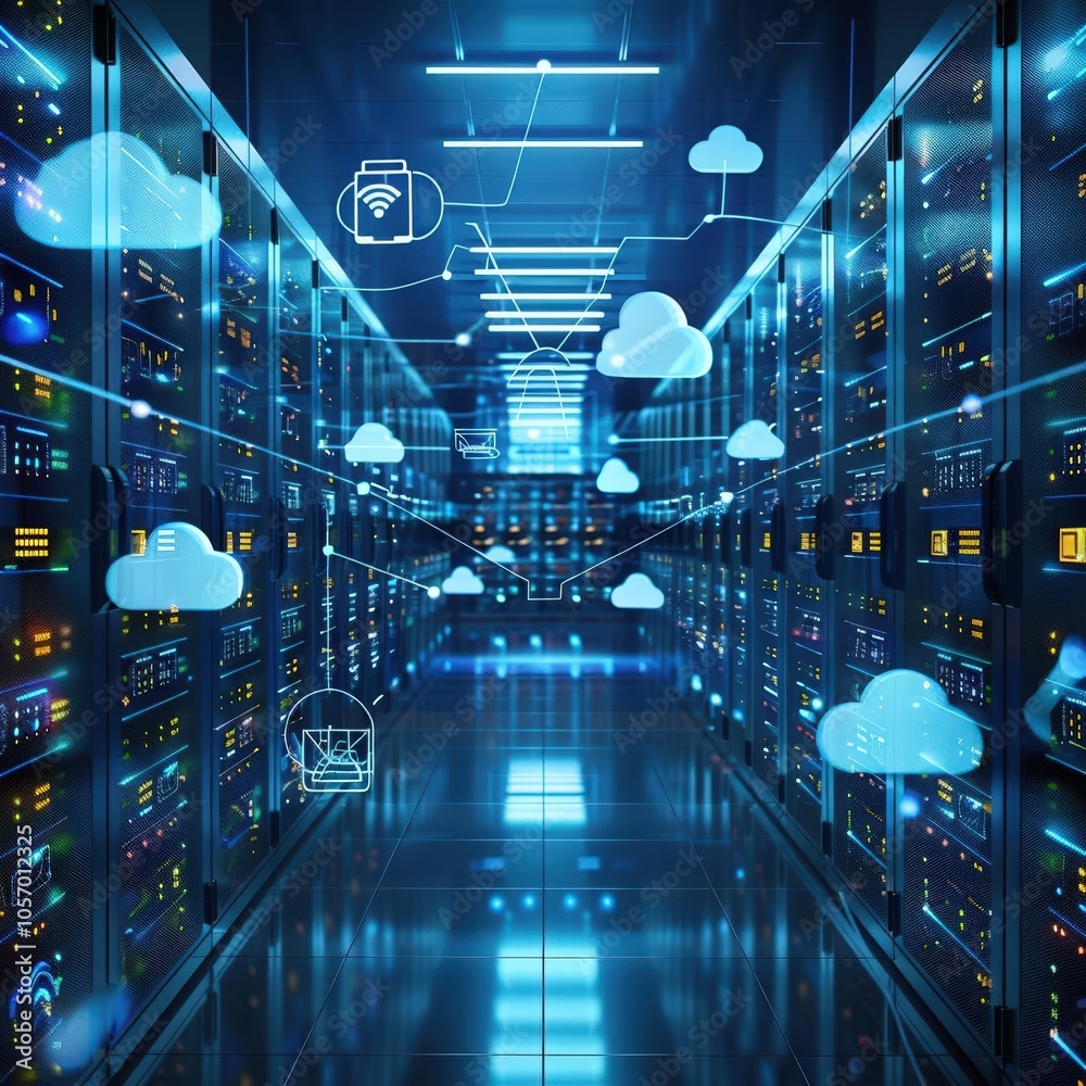 Graphic of Cloud computing infrastructure with servers, databases, and ...