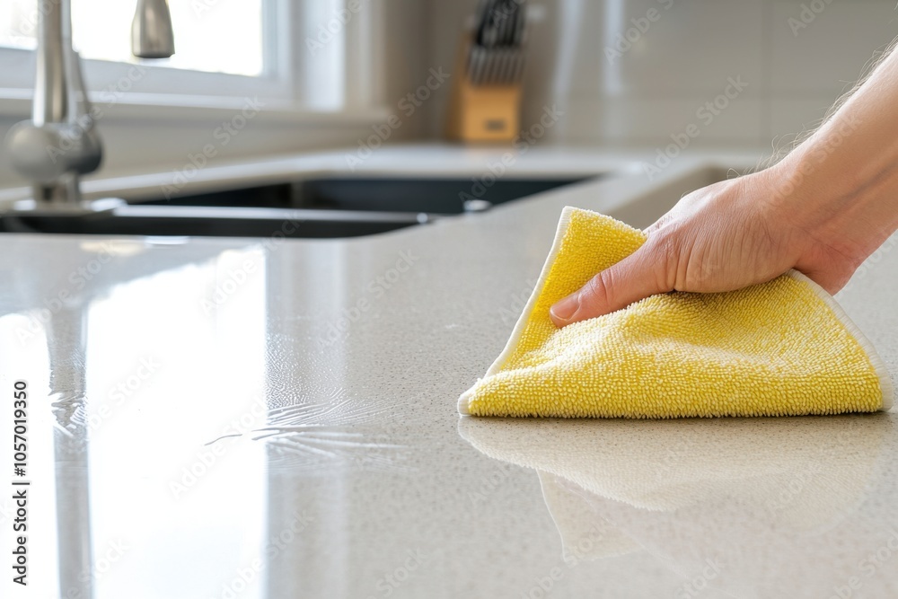Person cleaning a modern kitchen countertop with a microfiber cloth ...