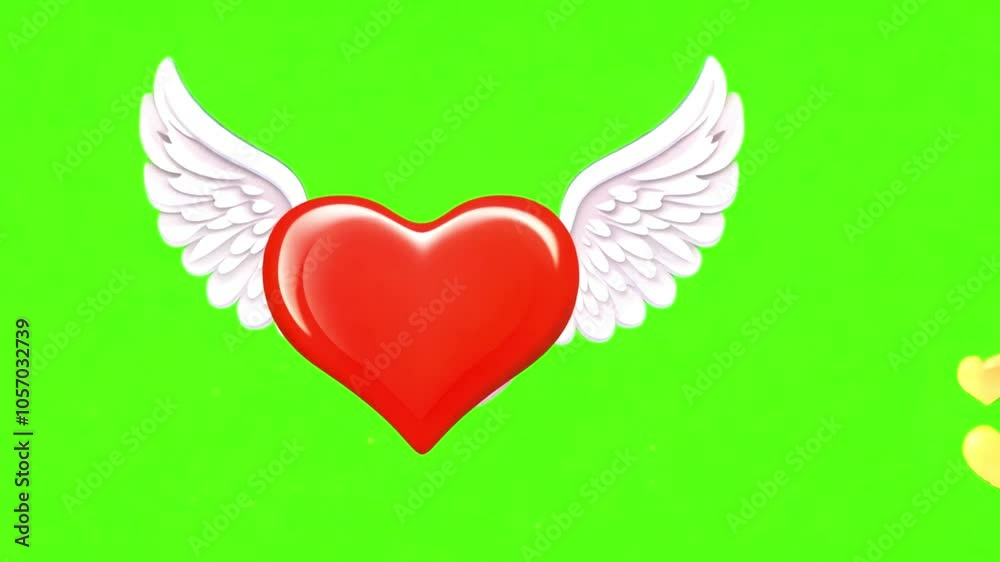 Red heart with white wings flying on green screen. Flying Red Heart ...