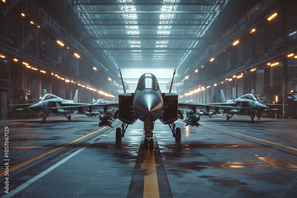 single fighter jet in a dimly lit hangar with dramatic lighting casting ...