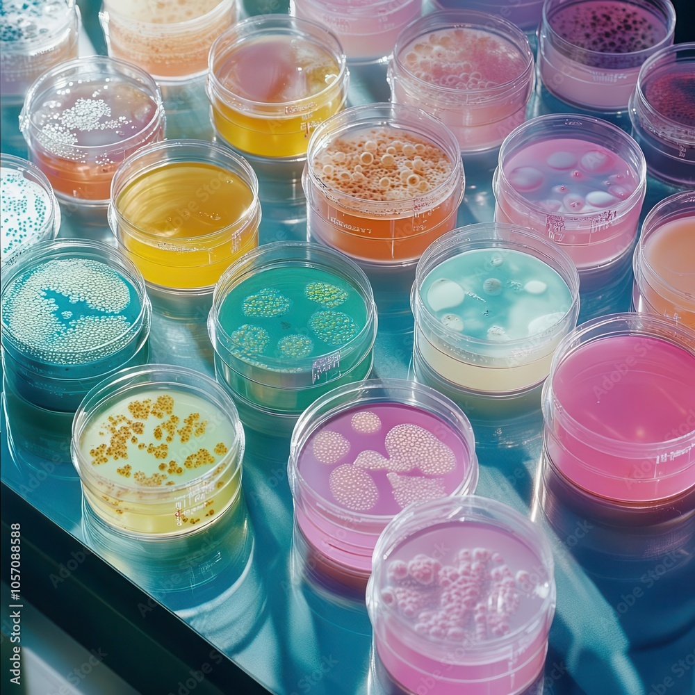 1960s science lab aesthetic, bacteria cultures in classic glass Petri ...