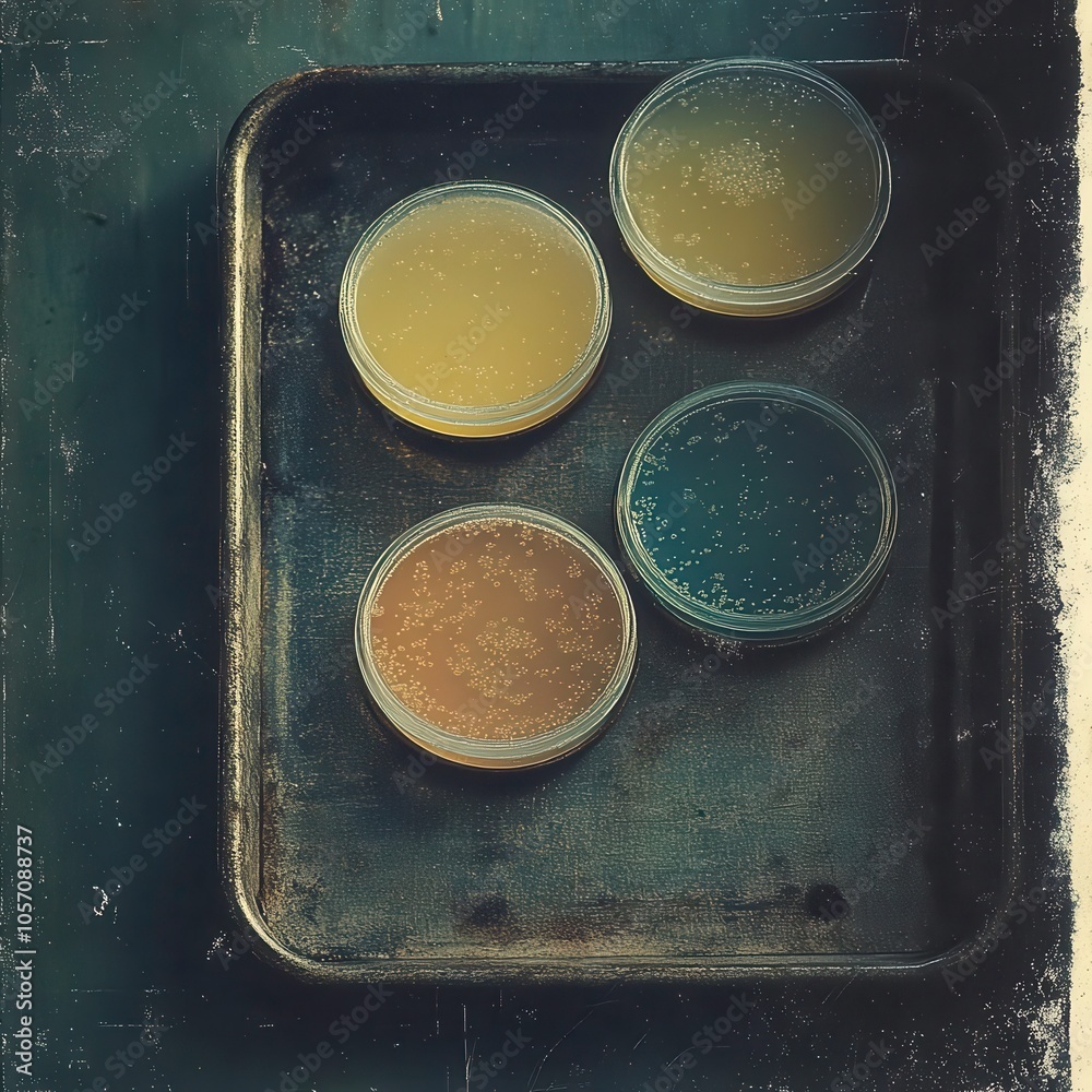 1970s biology experiment with bacteria growth, Petri dishes on worn ...
