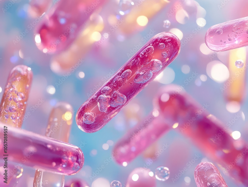 Detailed 3D rendered bacteria in a 1960s lab aesthetic, soft colors and ...