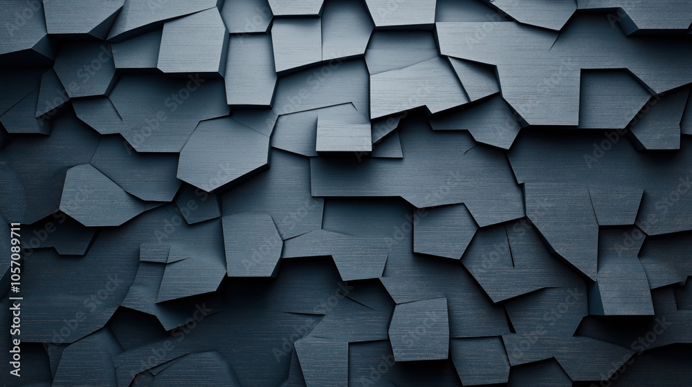 Abstract overlapping geometric shapes in dark tones, creating a ...