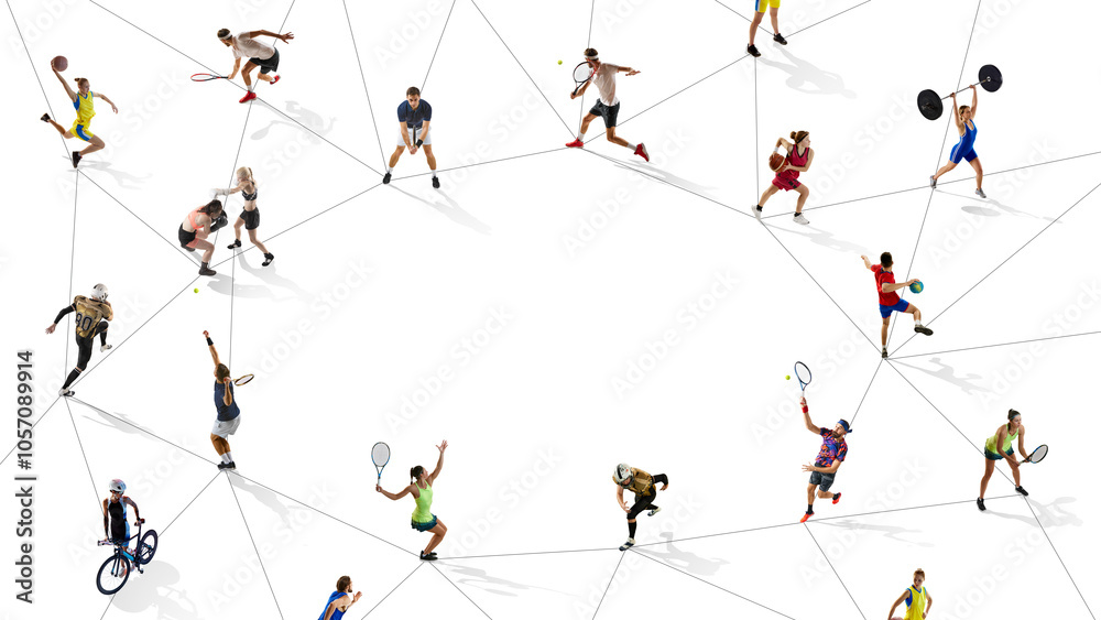 Aerial view of athletes in circular network, engaging in various sports ...