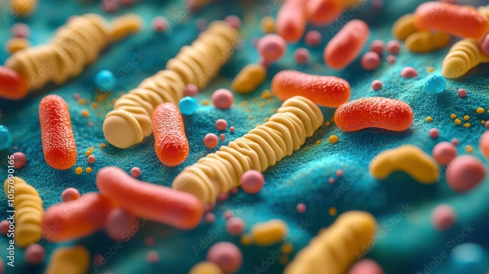 Bacteria in the human gut promoting digestion in flat design, top view ...