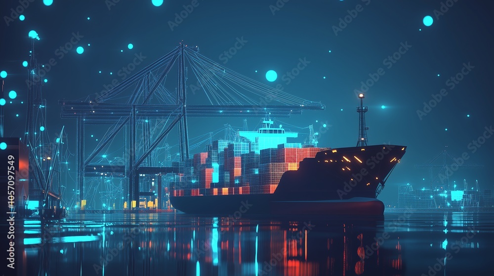 Port Storage Facility in Low Poly Wireframe with Glowing Particles on ...