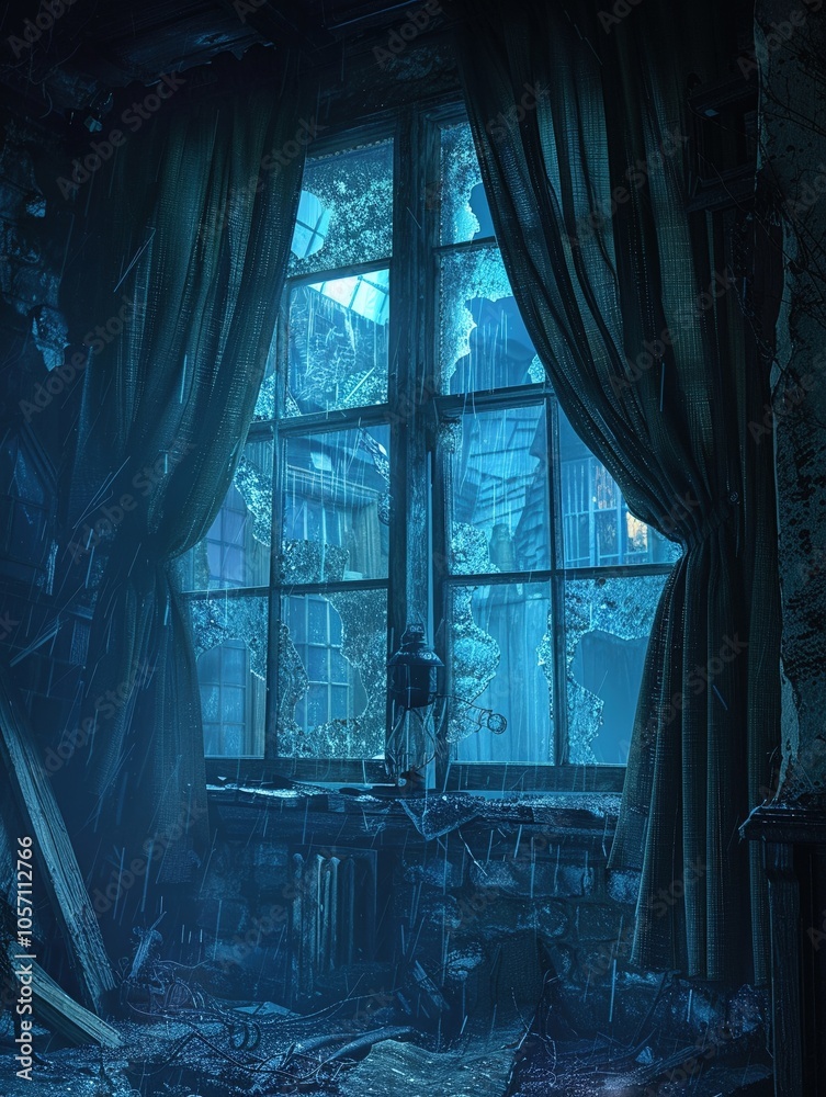 Peering through the broken windows of the haunted enclave, shards of ...