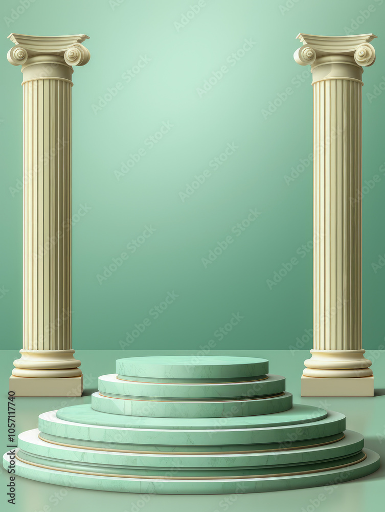 This image features two classic columns beside a mint green pedestal ...