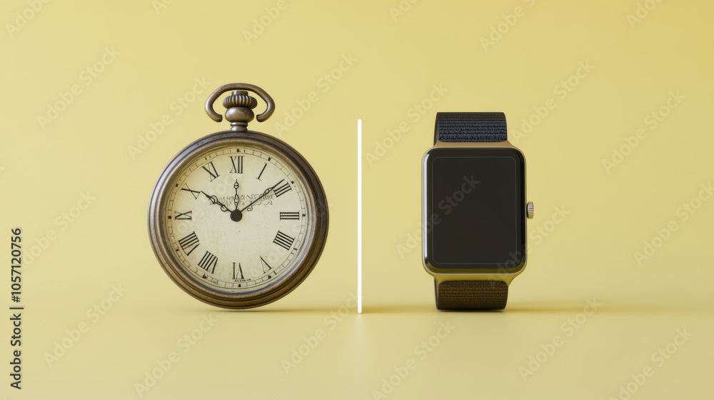 classic pocket watch and modern smartwatch are displayed side by side ...