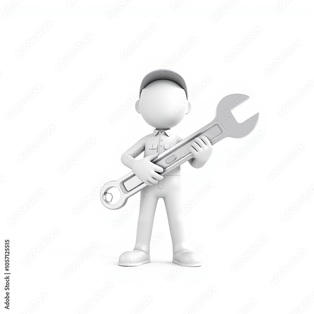 3D stick figure character performing automotive repair with a confident ...