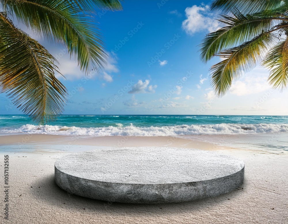 Tropical beach background with a circular concrete podium, blue ocean ...