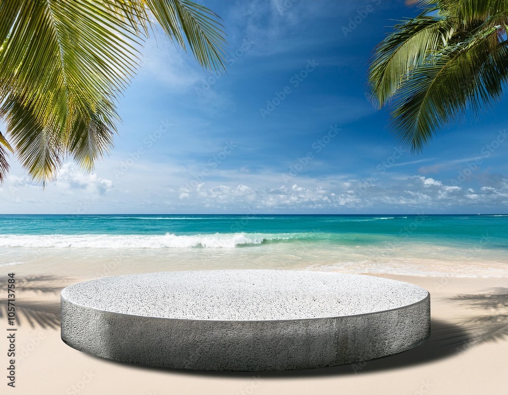 Blue ocean with white waves, palm trees, and a circular concrete podium ...